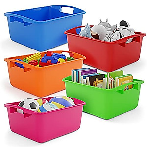 Zilpoo 5 Pack - Plastic Book Bins for Classroom Library, Cubby Shelf Toy Storage Organizer Box with Handles, Bulk Teacher Supplies Holder, Colored