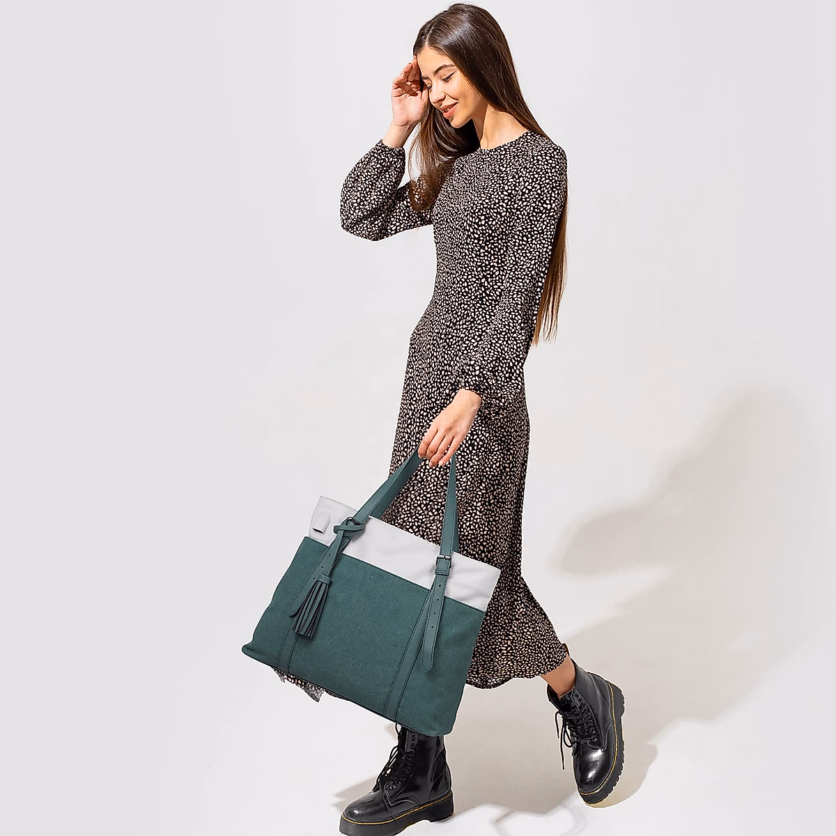 Tote Bag Women,Cute School Bag Bookbag for College,Small Work Purse with Pockets Laptop Compartment 15.6in,Canvas Zippered Shoulder Bag for Teacher Nurse,Green