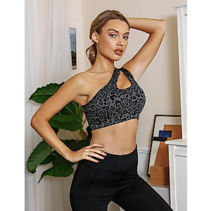 Sykooria Womens One Shoulder Sports Bras Workout Yoga Bra Sexy Cute Medium Support Leopard Print Black S-XXL