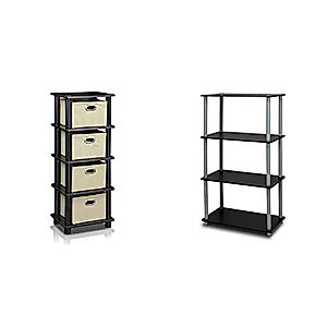Furinno LACi 4-Bins System Rack, 11.3(W) x 28.8(H) Inch, Espresso/Black & (99557BK/GY) Turn-N-Tube 4-Tier Multipurpose Shelf Display Rack - Black/Grey