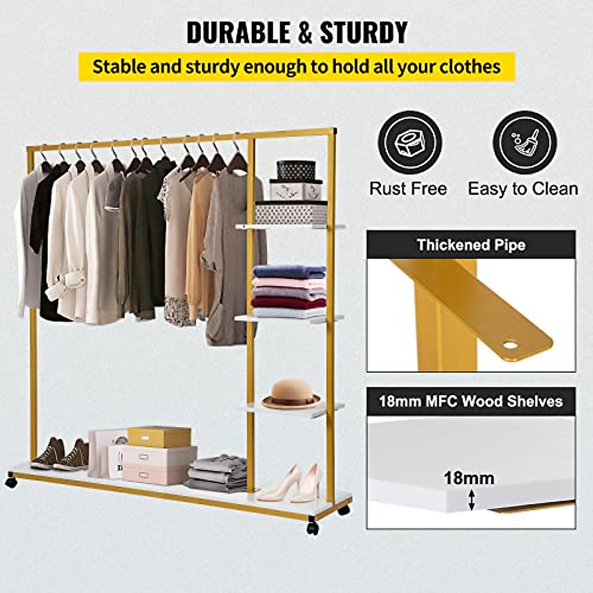 VEVOR Clothing Garment Rack, 59.1"x14.2"x63.0", Heavy-duty Clothes Rack w/ Bottom Shelf & Extra 3 Side Shelves, 4 Swivel Casters, Rolling Clothes Organizer for Laundry Room Retail Store Boutique, Gold
