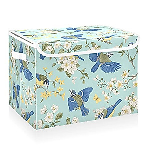 CaTaKu Tits Birds Flowers Storage Bins with Lids and Handles, Fabric Large Storage Container Cube Basket with Lid Decorative Storage Boxes for Organizing Clothes