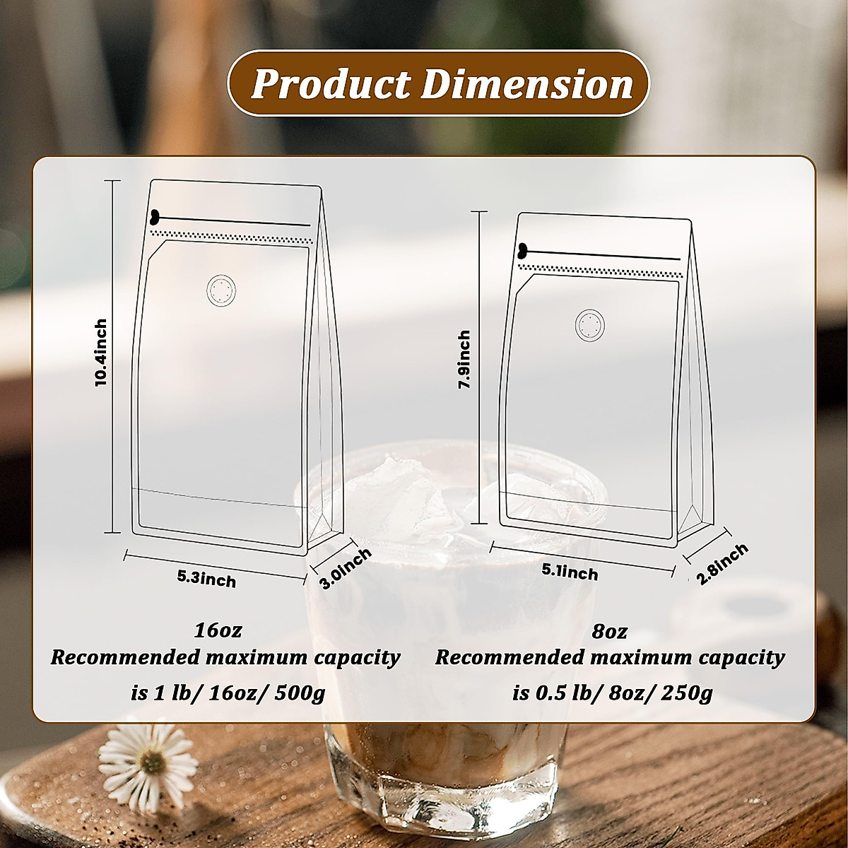 EIOFG Packaging Coffee Bags with Valve(8oz/ 0.5lb, 100PCS), High Barrier Flat Bottom Stand Up for Coffee Bean Storage, Heat Sealable Resealable Bags for Small Business Home, Store (Black)