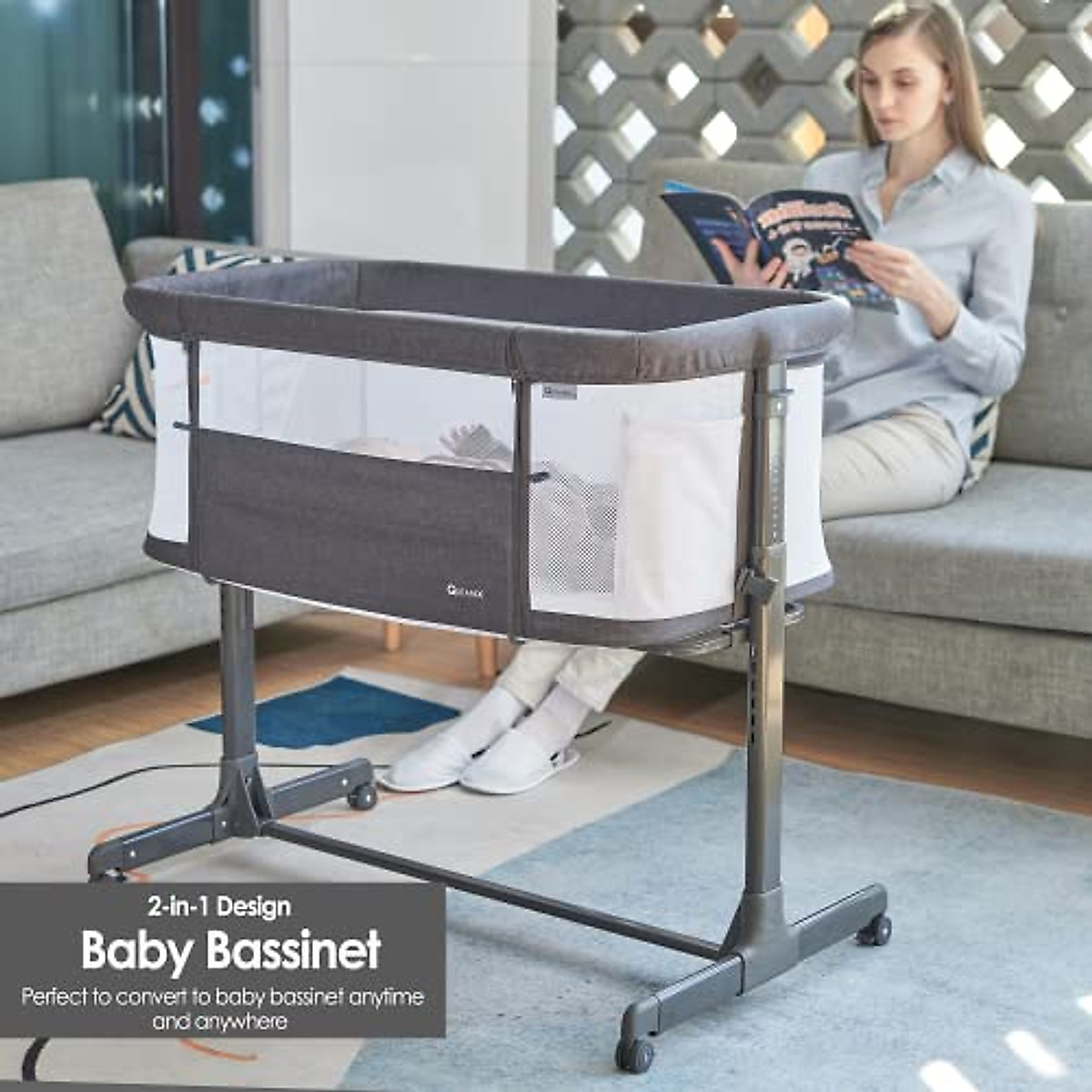 QUTANIX Baby Bassinet Bedside Sleeper with Wheels,Easy Folding Lightweight Crib for Baby/Infants,Breathable Mesh and Adjustable Height - Grey