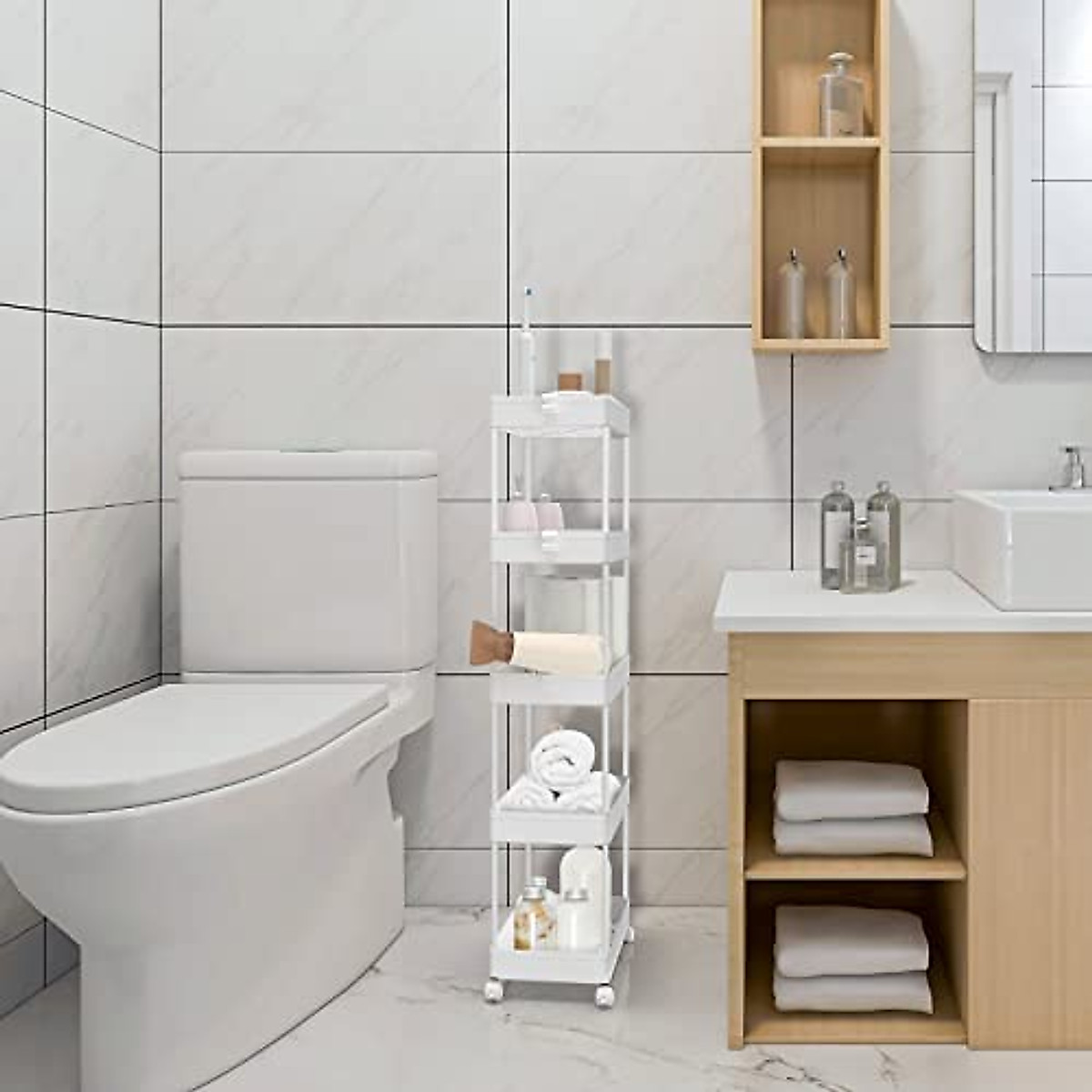 SPACEKEEPER 5-Tier Storage Cart, Bathroom Storage Organizer Rolling Utility Cart, Mobile Shelving Unit Slide Out Storage Shelves for Kitchen Living Room Bathroom Laundry Room & Dressers, White