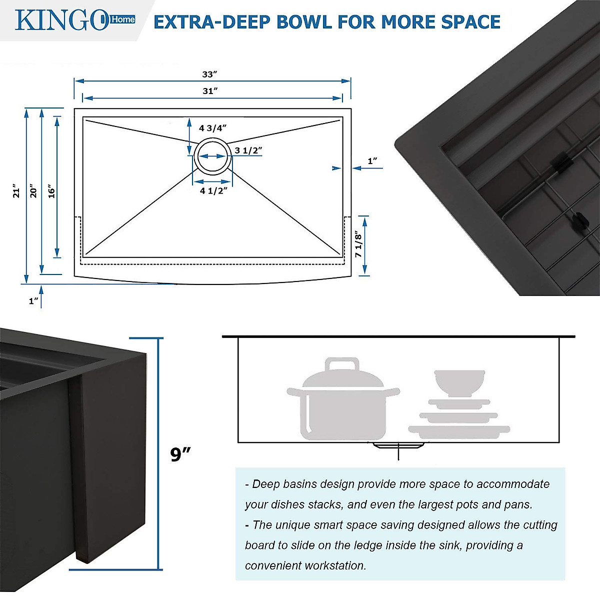KINGO HOME 33 inch Black Farmhouse Sink, 16 Gauge Ledge Stainless Steel Rustic Farmhouse Sink Apron Front Undermount Farm Kitchen Sink with Accessories Farmers Sink Rustic Farmhouse Kitchen Sink