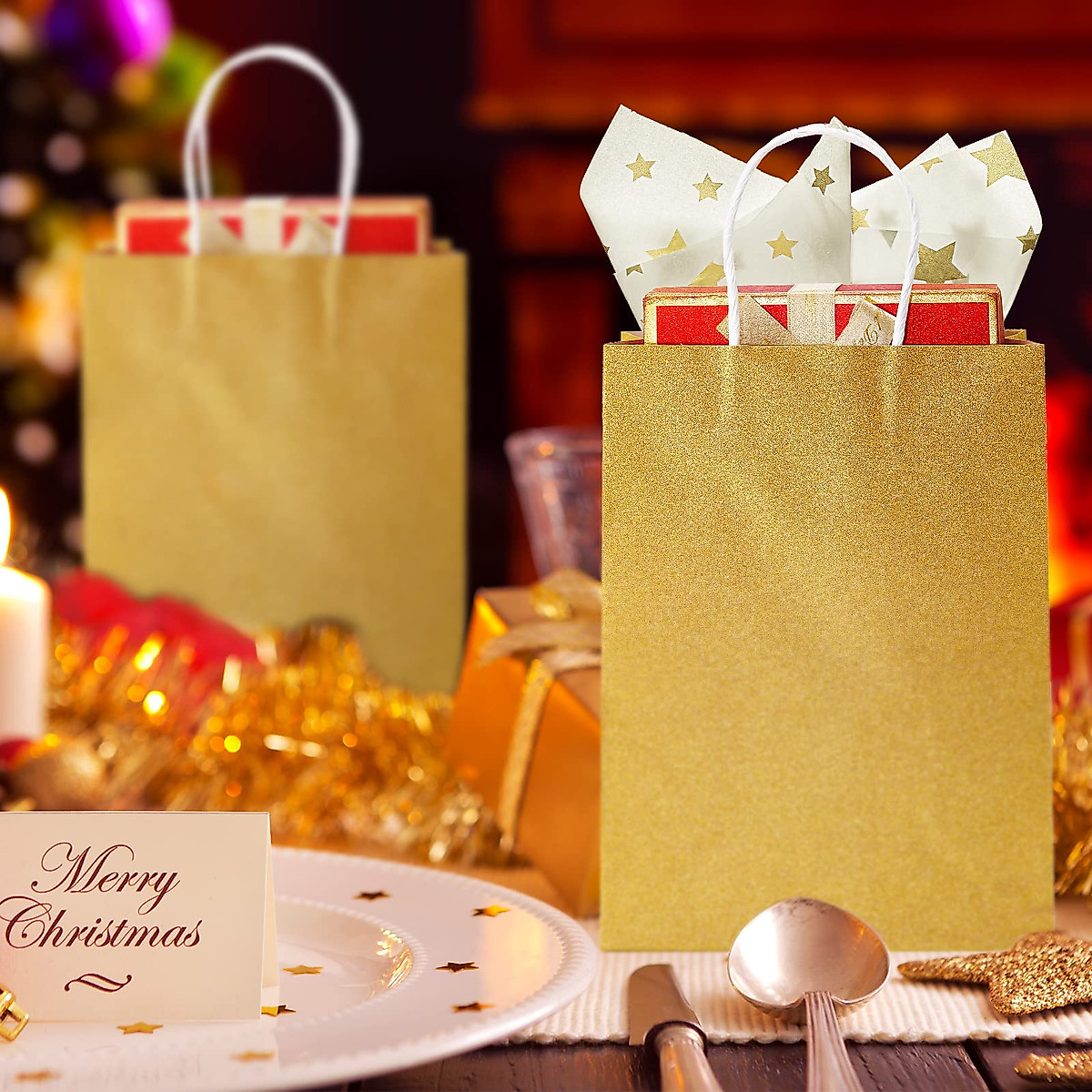 60 Pcs Small Gift Bags Valentines Day Paper Gift Bags Glitter Kraft Bag Reusable Gift Bag with Handle Bridal Shower Favor Bags Bulk Goodie Bags for Wedding, Birthday, Bridesmaids,8.2*5.9*3.1 (Gold)