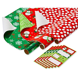 American Greetings 225 sq. ft. Christmas Wrapping Paper Set with Cut Lines, Santa, Stripes, Reindeer, Polka Dots and Snowmen (9 Rolls 30 in. x 10 ft., 60 Gift Tags)