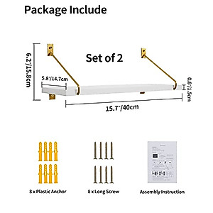 Godimerhea White Floating Shelves for Wall, Set of 2 Wall Mounted Hanging Wood Shelf with Gold Brackets, Modern Luxury Decorative Organizers Storage Shelves for Bathroom, Living Room, Bedroom