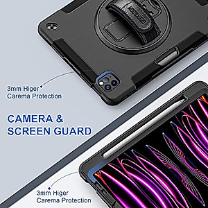 GEEKSDOM iPad Pro 12.9 Case: Military Grade Heavy Duty Shockproof iPad Pro 12.9 case 6th Generation 2022/5th Gen 2021-Pencil Holder-Hand/Shoulder Strap-Rotating Stand-Black