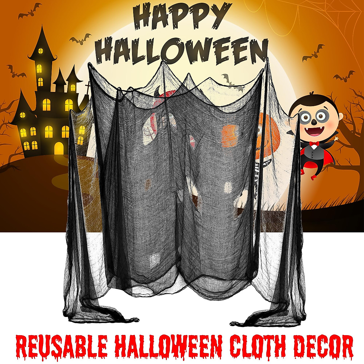 DealKits Halloween Creepy Cloth, Spooky Giant (30 x 420 in.) Cheese Cloth Tapestry for Halloween Party Supplies Decorations Outdoor Yard Home Wall Decor, Black