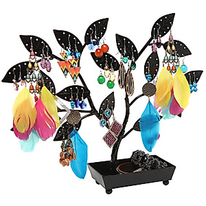 MyGift Black Metal Hanging Jewelry Tree Earring Display Stand, Necklace Bracelet Organizer Rack with Ring Dish Tray