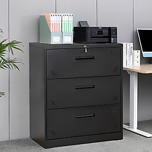 GREATMEET 3 Drawer Lateral File Cabinet with Lock,Heavy Duty Metal Lateral File Cabinet, for Legal Letter Files,Disassemble,Black (3 Drawers)