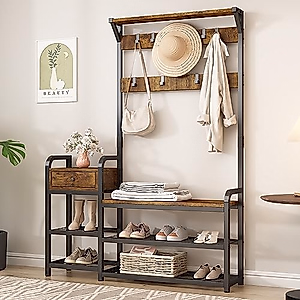 JUNZYOUY 5 in 1 Entryway Coat Rack Shoe Bench，Hall Tree with Bench, Entryway Bench with Coat Rack, with Shoe Rack, Storage Drawer, 9 Hooks, Coat Rack with Bench, Rustic Brown.