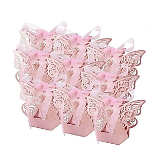 JANOU 24pcs Butterfly Candy Boxes Laser Cut DIY Paper Box with Ribbons for Wedding Bridal Birthday Baby Shower Party Suppliers (Pink)