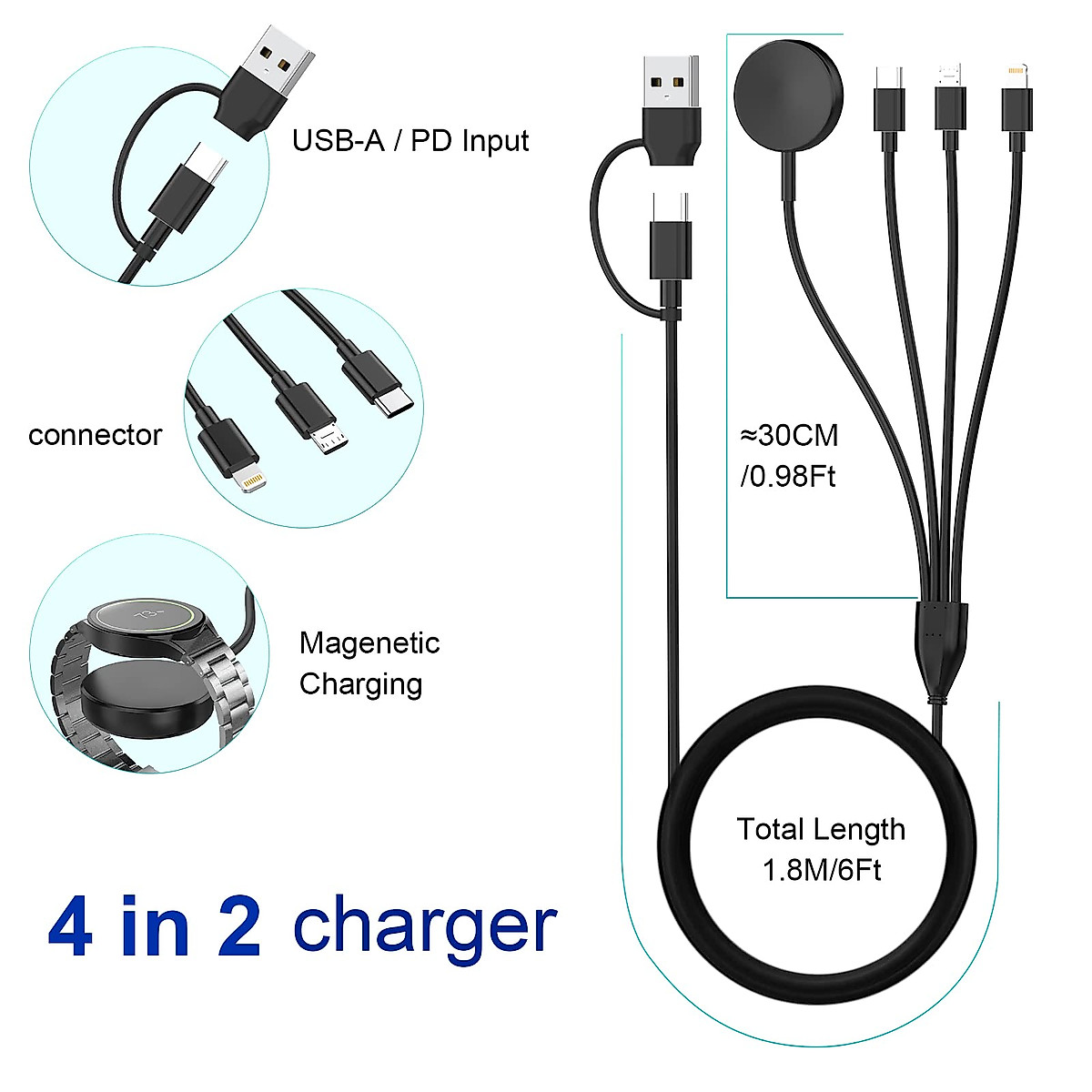 4 in 2 USB C Fast Watch Charger Cable for Samsung Galaxy Watch Charger, Portable Charging Dock for Samsung Galaxy Watch 5/5 Pro/4/4 Classic/3/Active 2/Active, Galaxy S23/S22/S20 Galaxy Buds iPhone 6FT
