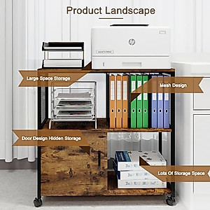 PUNCIA Mobile Wood Lateral File Archive Folder Cabinets with 3 Compartments Rack for Binder Storage Rolling Filing Printer Cabinet with Wheels and Open Storage Shelves for Home Office