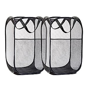 Jeewool Mesh Clothes Hamper,2 Pcs Pop-up Laundry Basket with Side Pocket , Thick and Reinforced Handles High Carbon Steel Frame,Collapsible to Storage Easy Open, for Dorm, Bedroom or Travel (black)