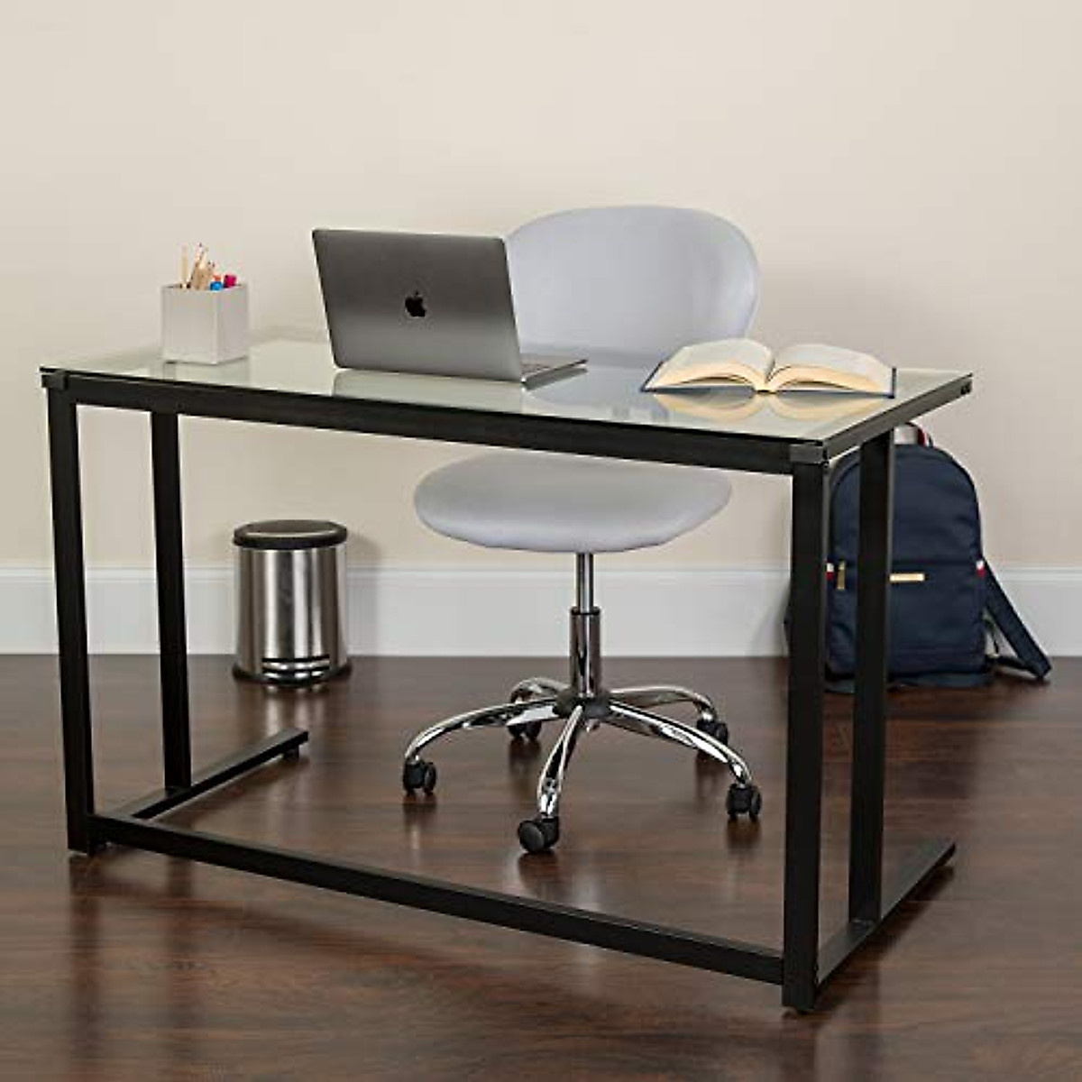 Flash Furniture Singleton Glass Desk with Black Pedestal Metal Frame