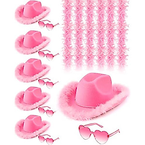 Zhanmai 18 Pieces Pink Cowgirl Hat Feather Boa Heart Shaped Sunglasses Cowboy Hat Pink Boa for Western Bachelorette Party