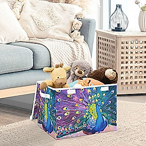 Kigai Peacock Storage Bins Foldable Large Cube Storage Box with Lids and Handles for Home Organizer Closet Office Decor 16.5x12.6x11.8 In
