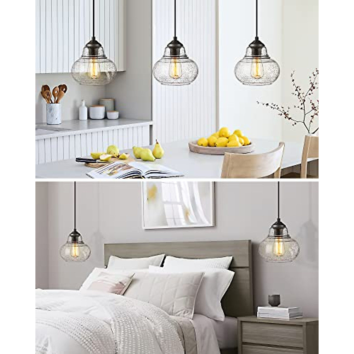 ELYONA Industrial Pendant Light Bubble Glass Kitchen Island Hanging Pendant Light Fxiture Modern Hand Blown Seeded Glass for Farmhouse Dining Room Bar Bedroom Living Room 8 inch Diam Black