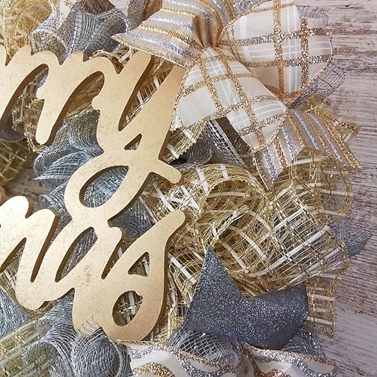 Silver Gold Ivory Christmas Wreath - Traditional Mesh Holiday Door Decor - Gold Ivory Cream TB7