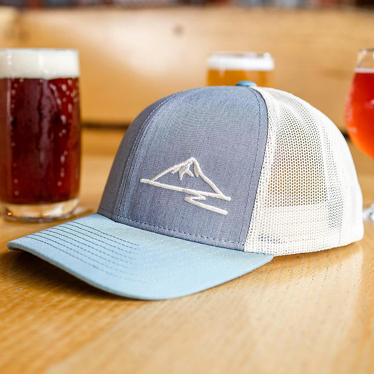 44N, Snapback Trucker Hat, Mountain (Heather Grey/Smoke Blue/Beige)