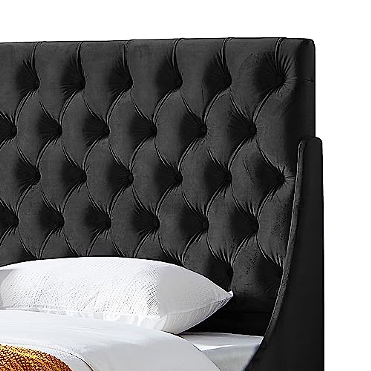 affeivul King Bed Frame and Headboard, King Size Platform Bed Frame No Box Spring Needed, Upholstered Bed Frame King with Cotton and Velvet, Low Storage, Modern Design and Wood Slats - Black