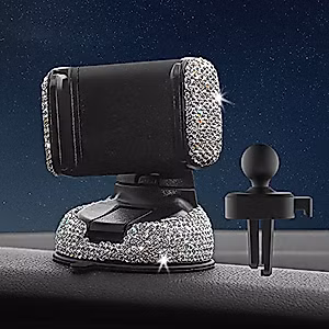 Bling Phone Holder for Car, Girly Rhinestone Car Dashboard Windshield Cell Phone Mount , 360 Degree Adjustable Glitter Sparkly Handcrafted Diamond Car Decor for Women with Air Vent Hook Clip, White