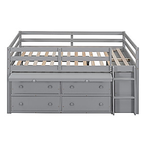 VilroCaz Full Size Low Loft Bed with Retractable Writing Desk and 4 Drawers, Multiple Functions Wooden Loft Bed Frame with Storage Shelves for Kids Teens Boys Girls, Sturdy Slats Support (Grey-AFULL)