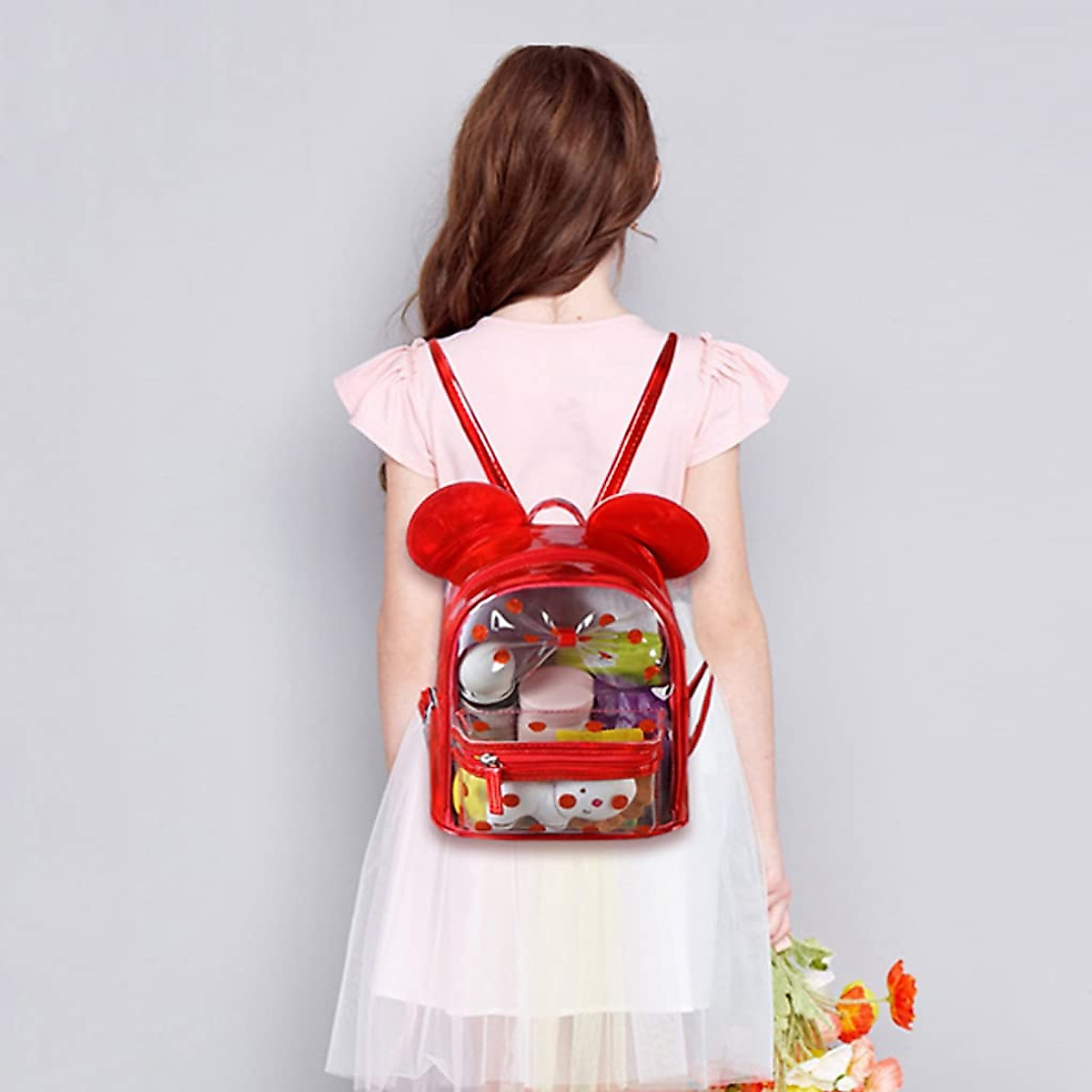 Little Girls Mini Clear Backpack Cute Ears with Glitter Polka Dots Bow Transparent Daypack See-thru Backpack (Pink)