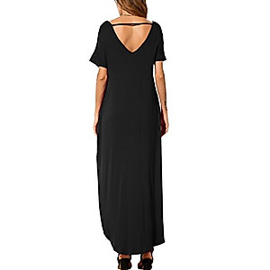 GRECERELLE Women's Casual Loose Pocket Long Dress Short Sleeve Split Maxi Dress Black X-Large