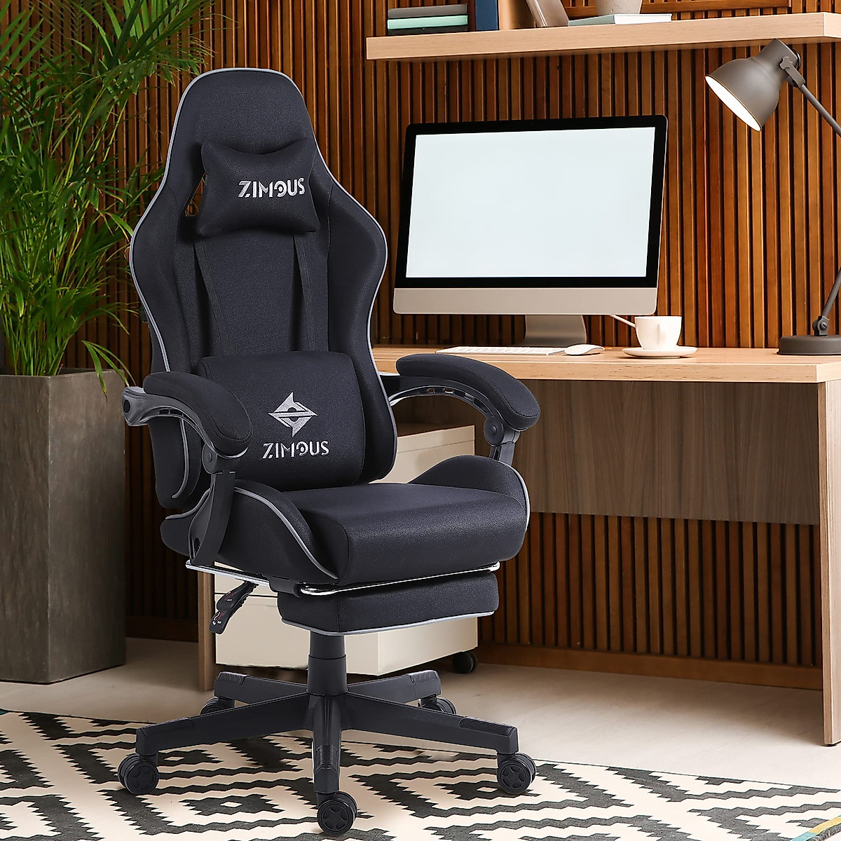 Zimous Gaming Chair Fabric Game Chair with Pocket Spring Cushion Office Massage Chair Breathable Reclining Computer Chair with Footrest Adjustable Ergonomic Gamer Chair 290LBS (Black)