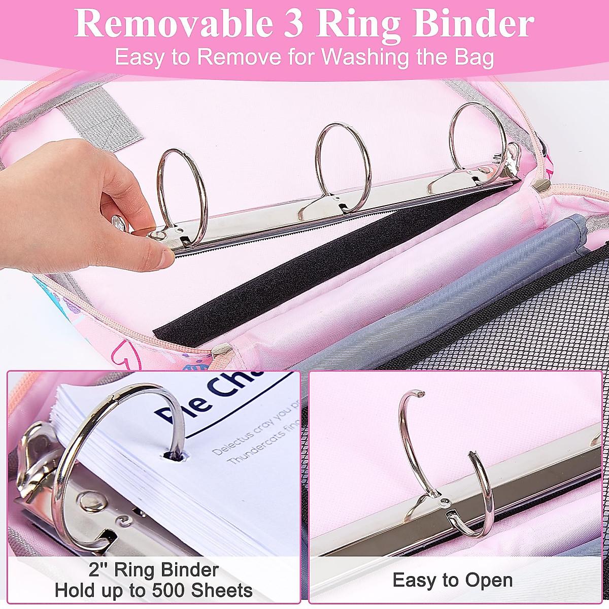 FIODAY Zipper Binder, 2 inch 3 Ring Binder with Zipper Cute Binder with Handle and Shoulder Strap Multiple Pocket 500 Sheet Capacity Binder Organizer for School