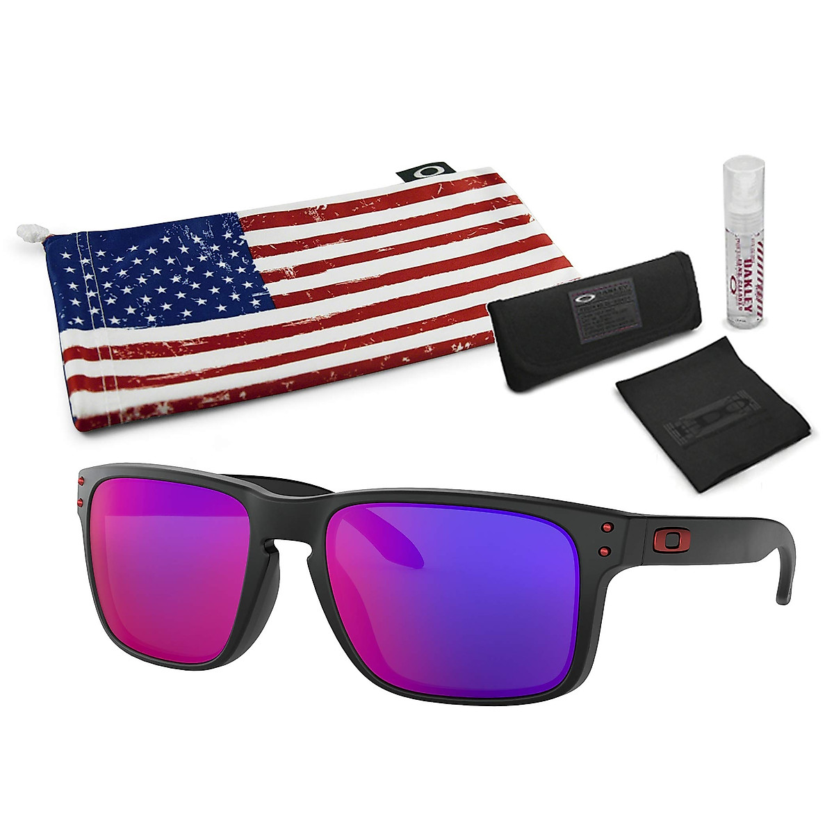 Oakley Holbrook Sunglasses (Matte Black Frame, Positive Red Iridium Lens) with Lens Cleaning Kit and Country Flag Microbag