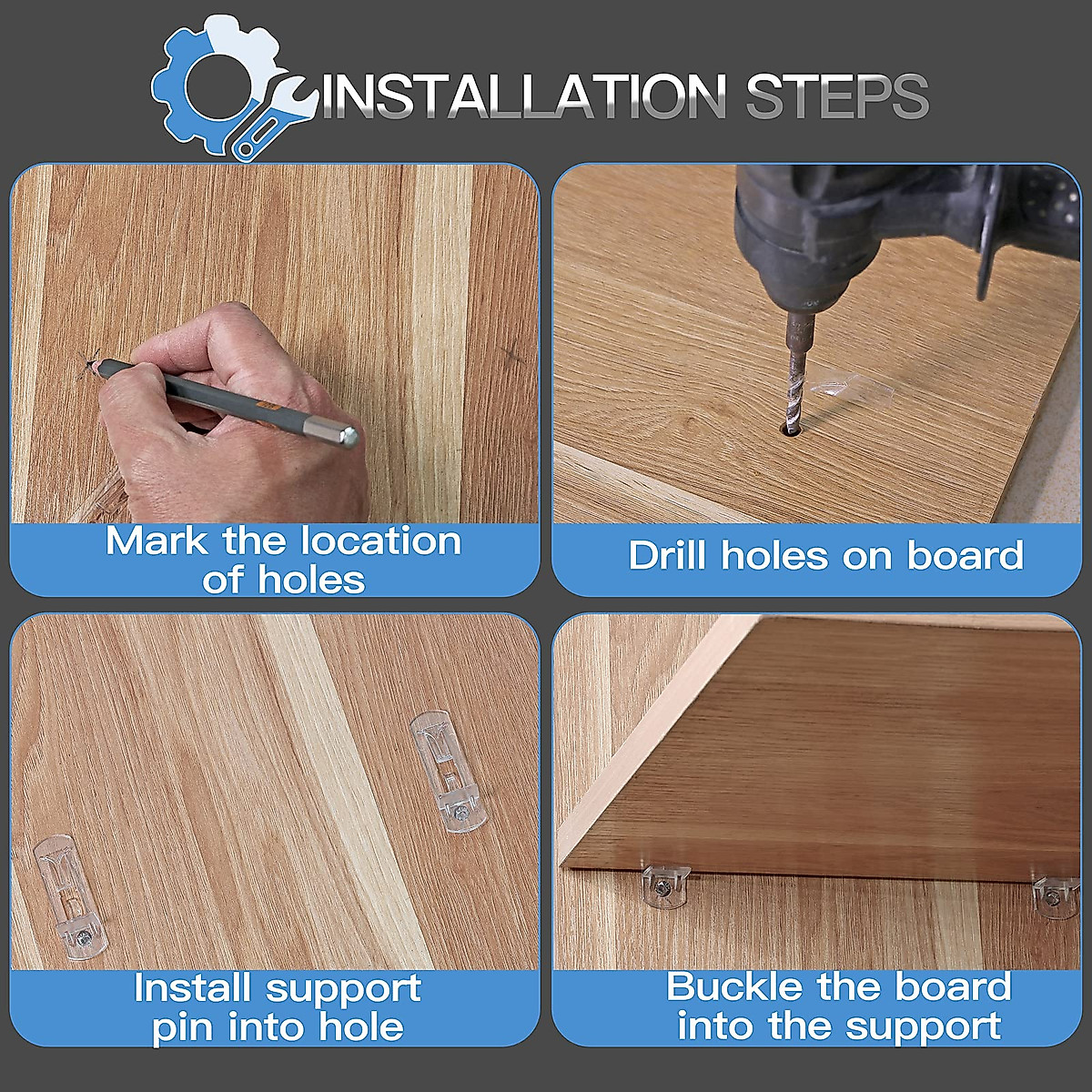Jamiikury 10pcs Locking Shelf Support Pegs, 5mm Shelf Pins Clear Shelf Clips Plastic Shelf Pegs for Shelves, 5mm Peg x 3/4" Thick Shelf