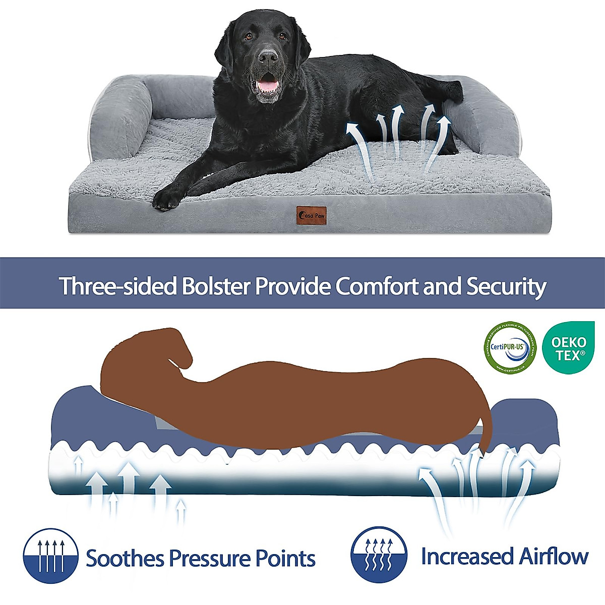 Casa Paw Orthopedic Dog Beds for Extra Large Dogs, Waterproof XLarge, Memory Foam Couch , Comfy Bolster Pet Bed with Removable Washable Cover, Nonskid Bottom (X-Large, Grey)