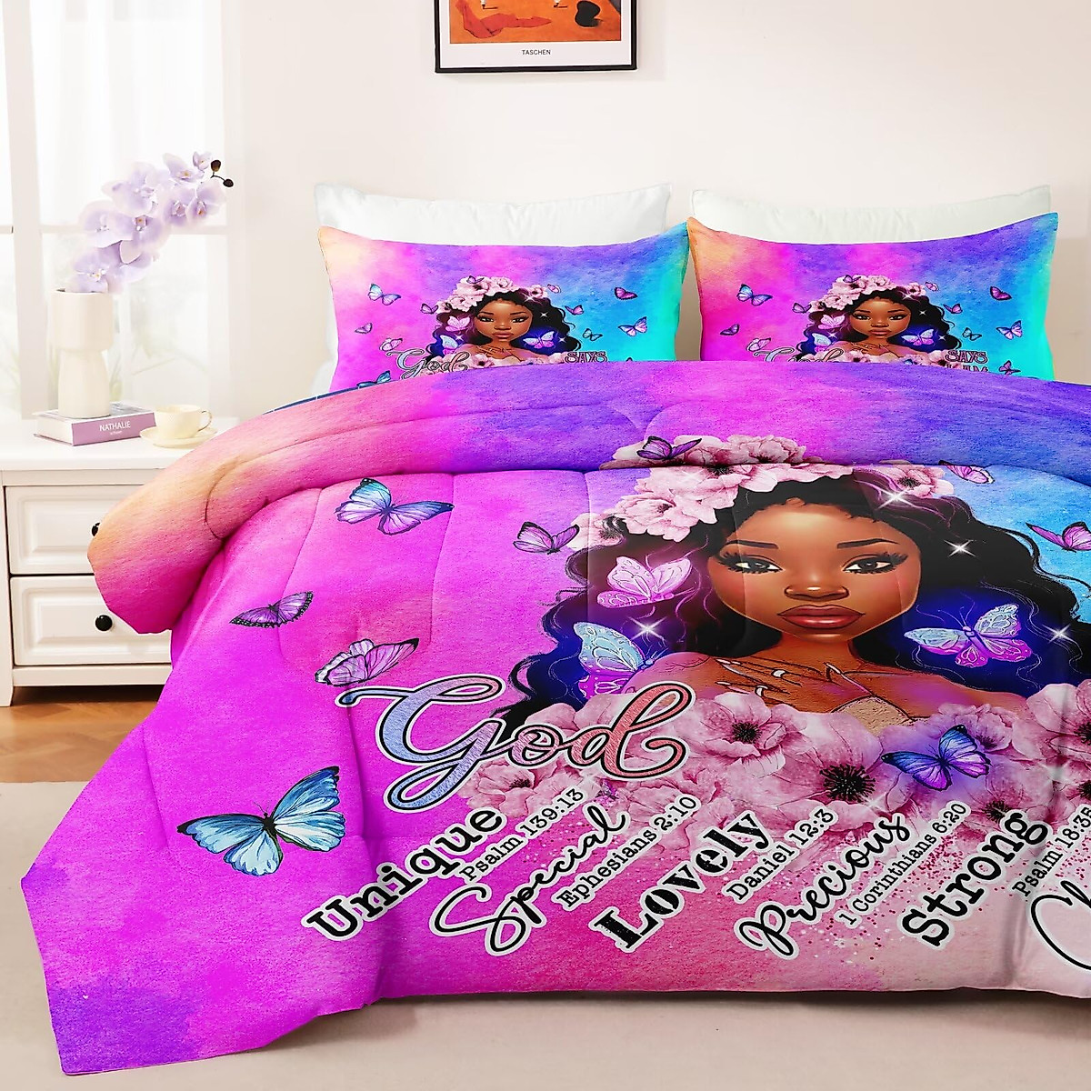 Lindesa Black Girl Magic Comforter Set, Twin Bed Comforter Sets for Girls,African American Black Girl Bedding Set Bedroom Decor Afro Melanin Bedspreads Quilt Black Girl Bed Set