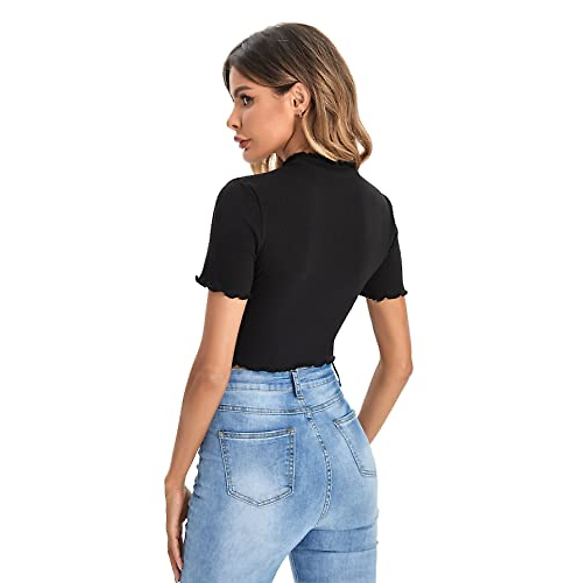 SweatyRocks Women's Lettuce Trim Ribbed Knit Short Sleeve Crop Top T-Shirt Black S