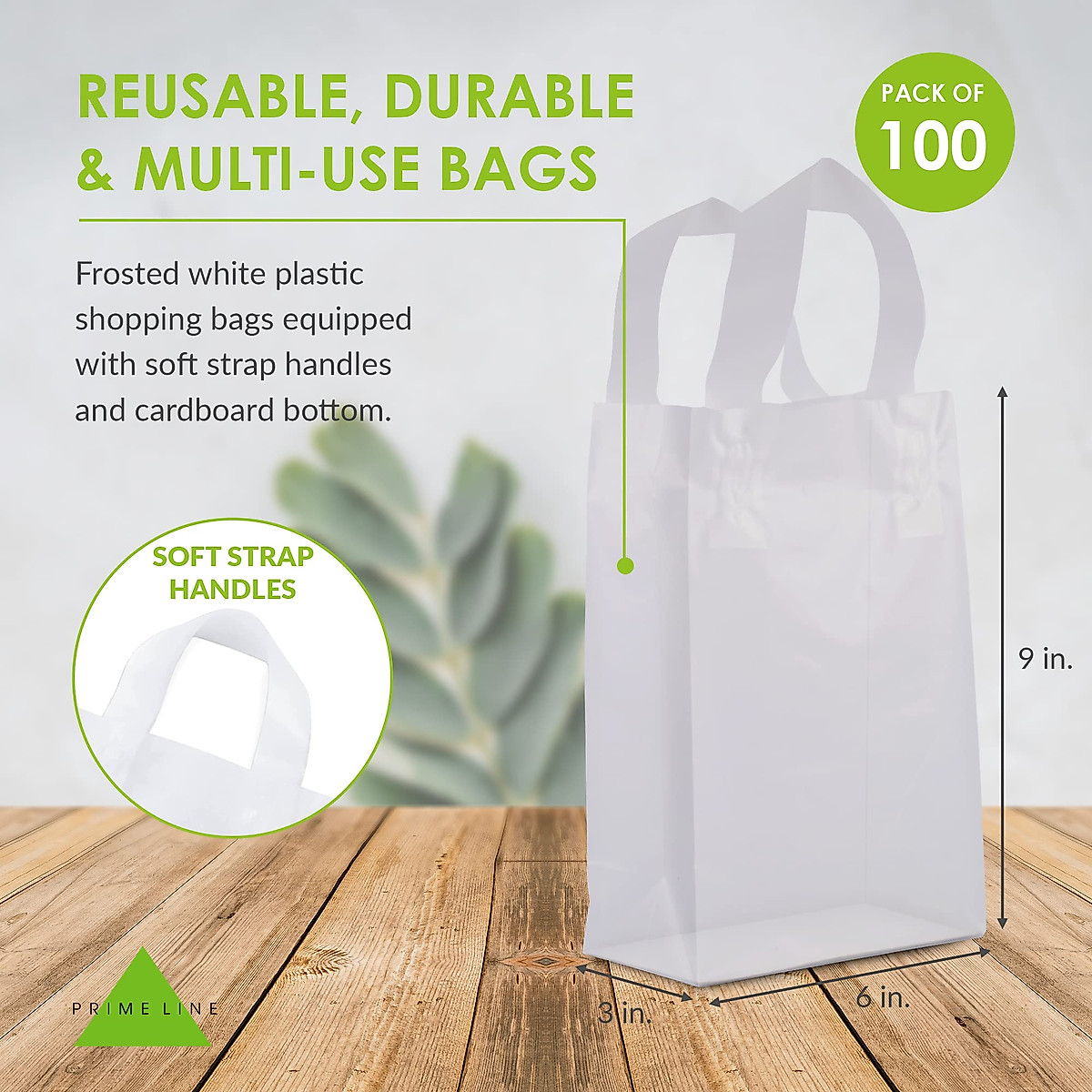 Prime Line Packaging Clear Gift Bags with Handles, Frosted Plastic Shopping Tote for Girls, Small Business, Boutiques, Retail, Bulk, 6x3x9 100 Pack