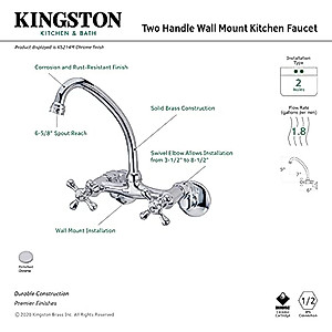 Kingston Brass KS214M High Arch Spout for Wall Mount Kitchen Faucet with Metal Cross Handle, Polished Chrome,6-5/8 inch spout reach