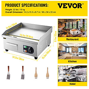 VEVOR 14" Electric Countertop Flat Top Griddle 110V 1500W Non-Stick Commercial Electric Griddles Restaurant Teppanyaki Grill Stainless Steel Adjustable Temperature Control 122°F-572°F, Sliver