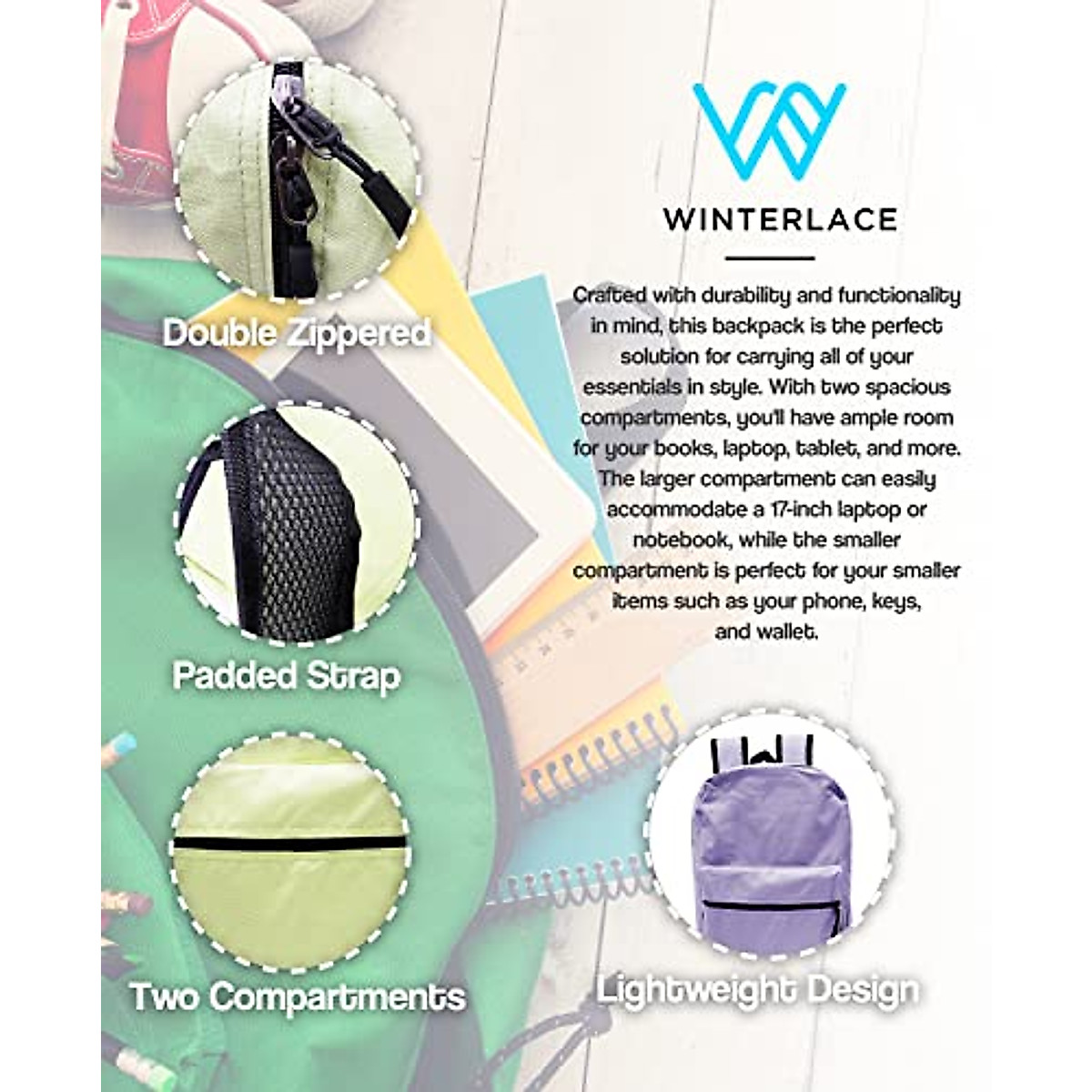 Winterlace 24 Pack Backpack, Bulk 17 inch Lightweight Outdoor Travel Gym Corporate Events Bag (Assorted)