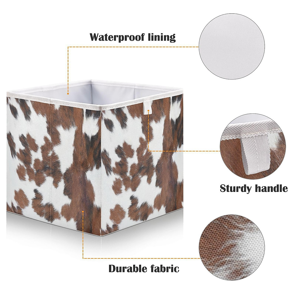 xigua White Brown Print Cow Cube Storage Box, Foldable Fabric Storage Cube Portable Storage Basket for Bookshelf Closet Laundry Room Nursery Home Decor, 15.75x10.63x6.96In
