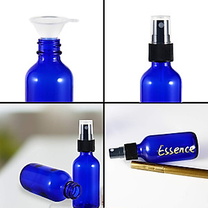 Ruckae 2 oz Glass Spray Bottles-18 Piece Set - With Funnel and Gold Glass Pen,Black Fine Mist Sprayers (Blue)