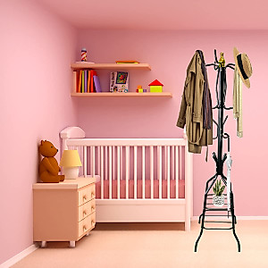 ANAMPION Coat Rack Free Standing Entryway Metal Coat and Hat Hanger Organizer Stand With 20 Hooks Hall Tree stand with 2 shelves Umbrella Tree Stand Black…