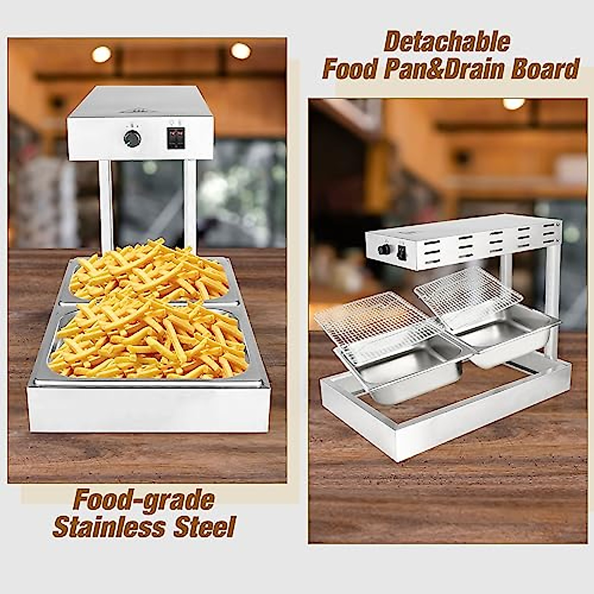 Restlrious French Fry Warmer Commercial Heat Lamp Food Warmer, Free Standing Electric Infrared Heating Dump Station, 500W Stainless Steel Food Warming Light w/2 Half Size Food Pan for Fries 4” Deep