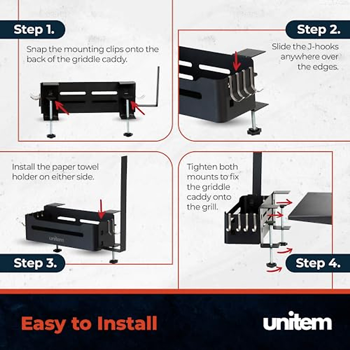 unitem Griddle Caddy for Blackstone 17"/22"/28"/36" Griddles/Prep Cart with Side Shelf, Space Saving for BBQ Grill Accessories Storage Box with Magnetic Strip, Paper Towel Holder & 6 J-Hooks