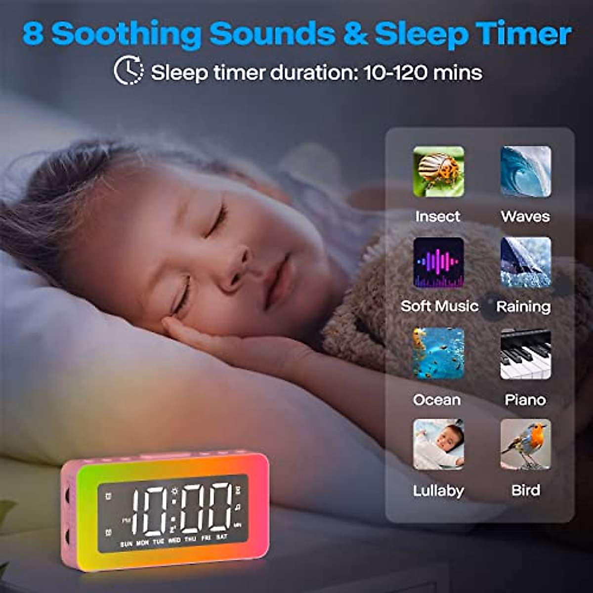 Super Loud Alarm Clock for Heavy Sleepers Adults, Teenagers, Teens, Kids, Digital Alarm Clock with 8 RGB Night Lights, 0%-100% Dimmable, Sleep Aid, Dual Alarms, Snooze, USB Charger, Ideal for Gift